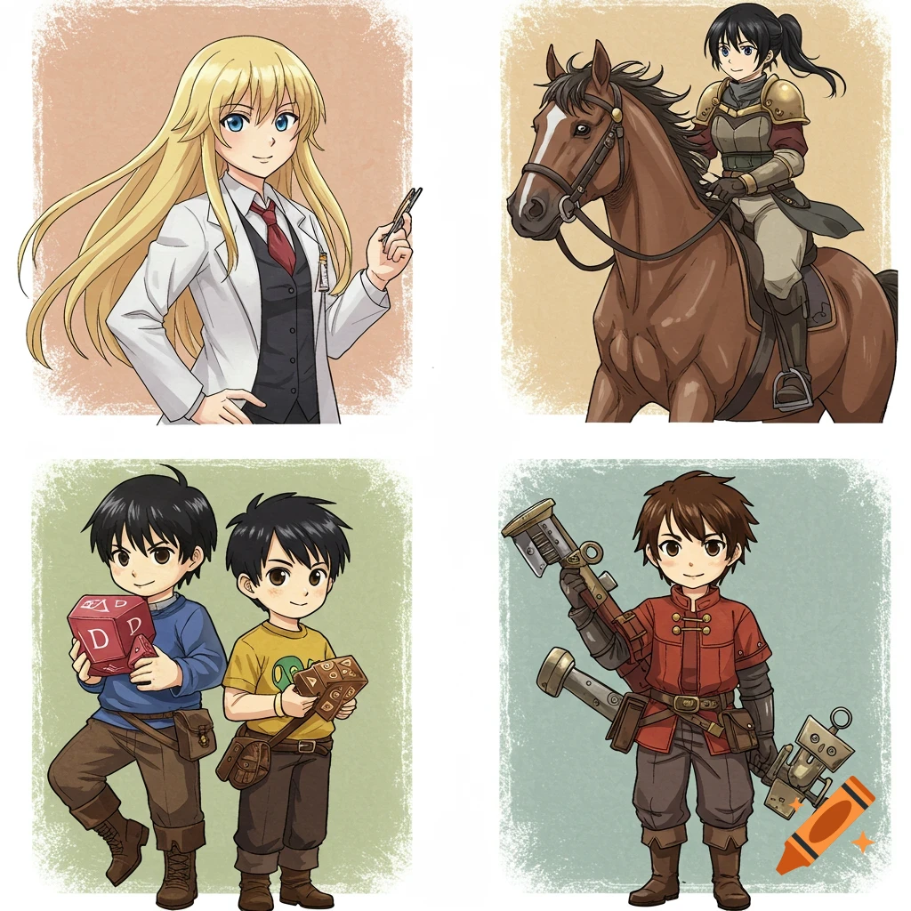 Four anime style portraits: a female scientist, a female knight on a ...