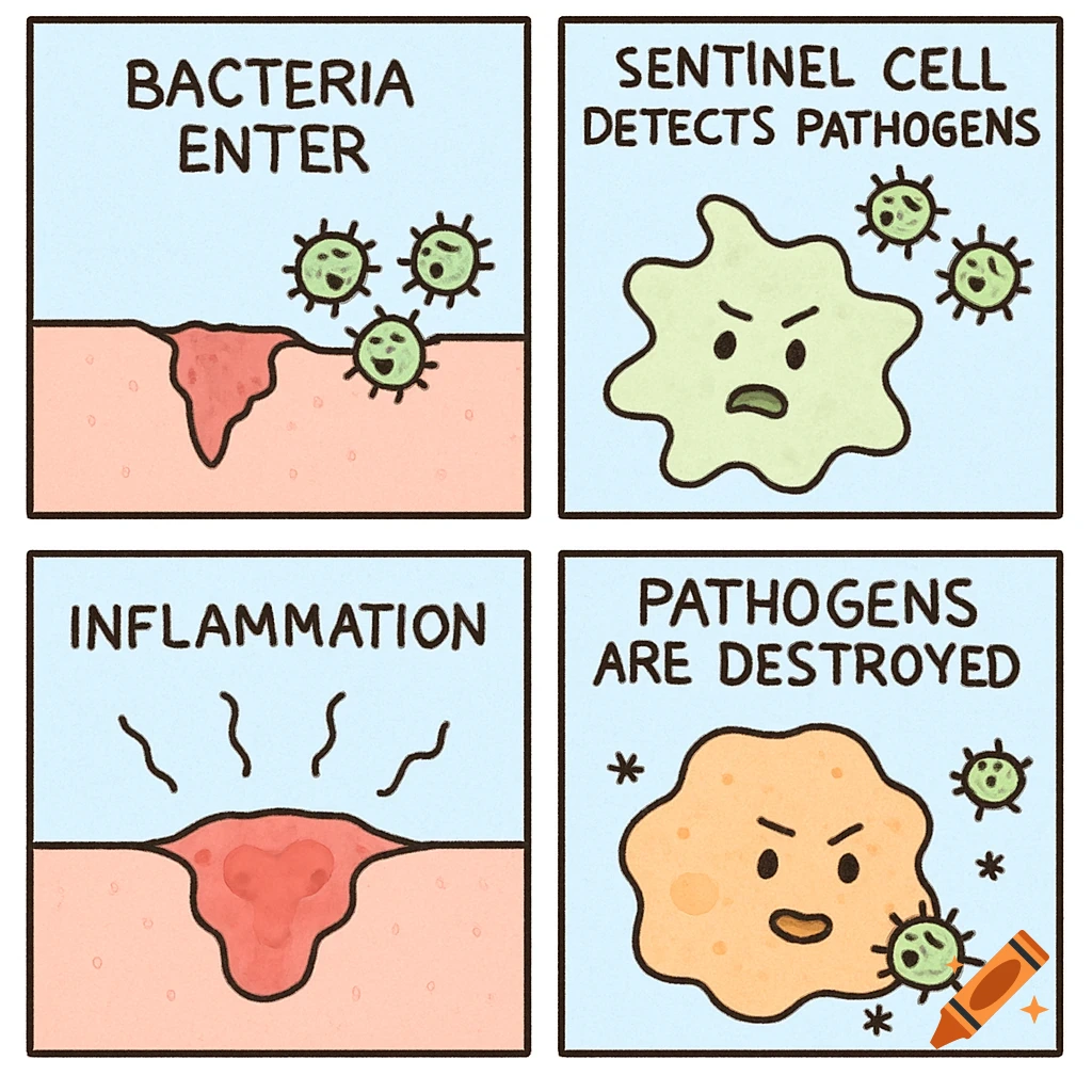 Four-panel comic illustrating the innate immune response, showing ...