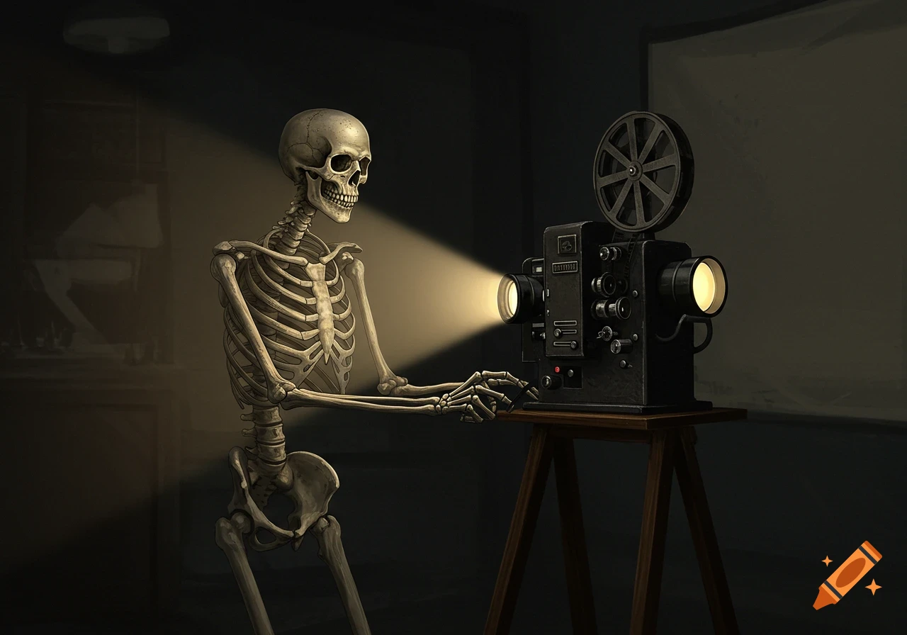 A skeleton sits in a dark room, operating a vintage film projector. on ...