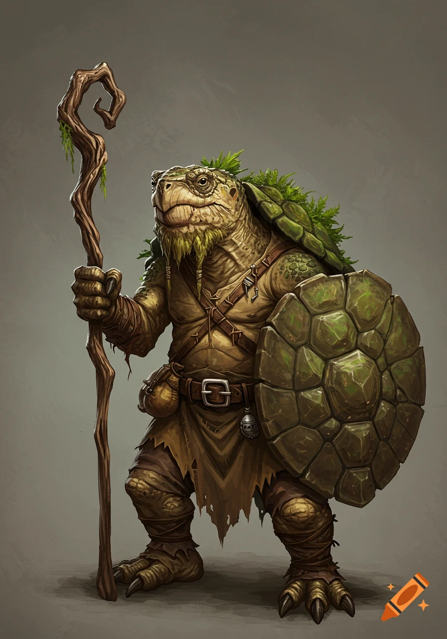 An anthropomorphic snapping turtle character holding a staff and shield ...
