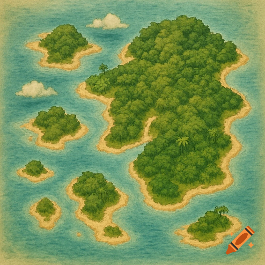 An overhead map of a cluster of tropical islands with beaches and ...