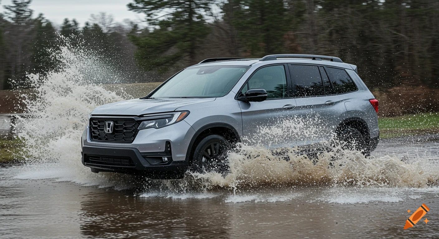 Silver Honda Passport SUV splashing through water puddle on Craiyon