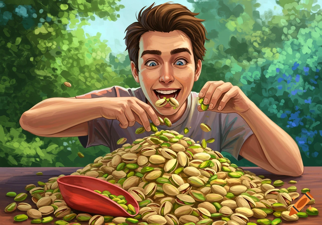 An illustration of a young man happily eating pistachios from a large ...