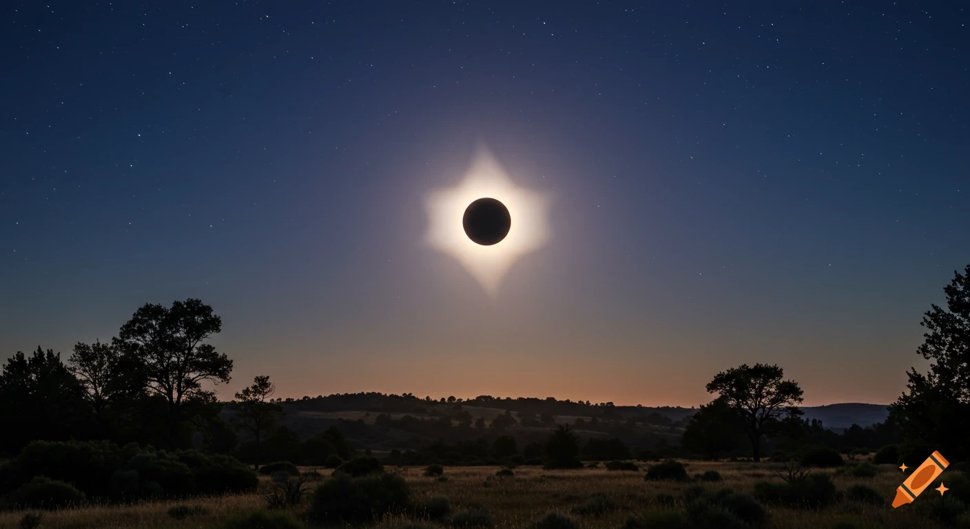 Total solar eclipse over a dark landscape with trees and hills under a ...