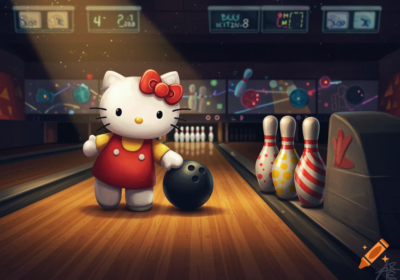 Hello Kitty holds a bowling ball, ready to bowl at a bowling alley. on ...