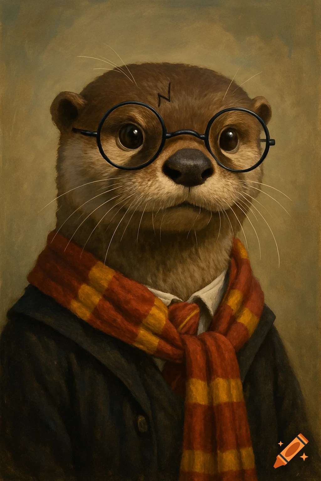 Painting of an otter dressed as Harry Potter with glasses, scar, robe, and Gryffindor scarf. on ...