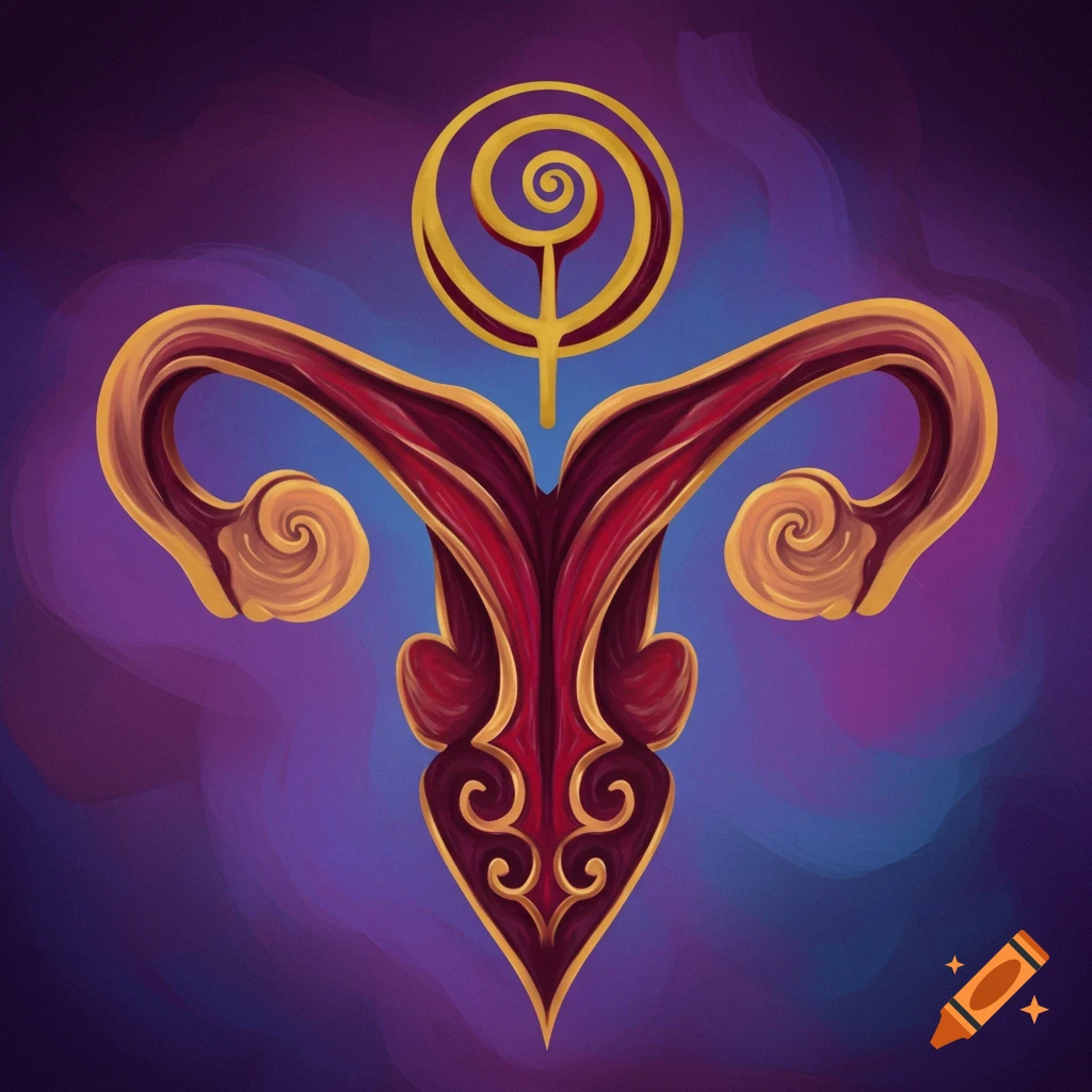 A red and gold stylized sigil on a purple and blue background. on Craiyon