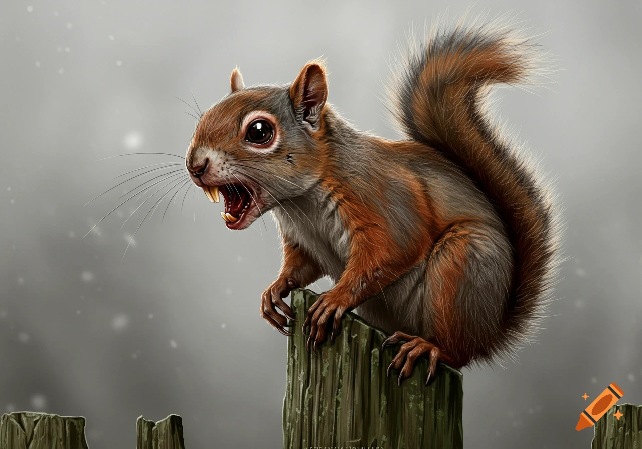 An illustration of a growling squirrel with sharp teeth, sitting on a ...