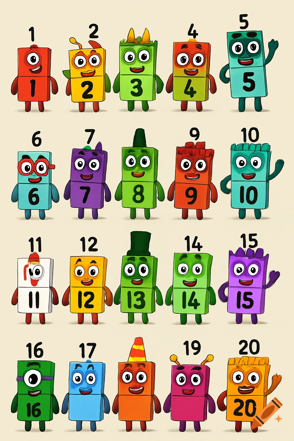 Cartoon block characters numbered 1 through 20 lined up on Craiyon