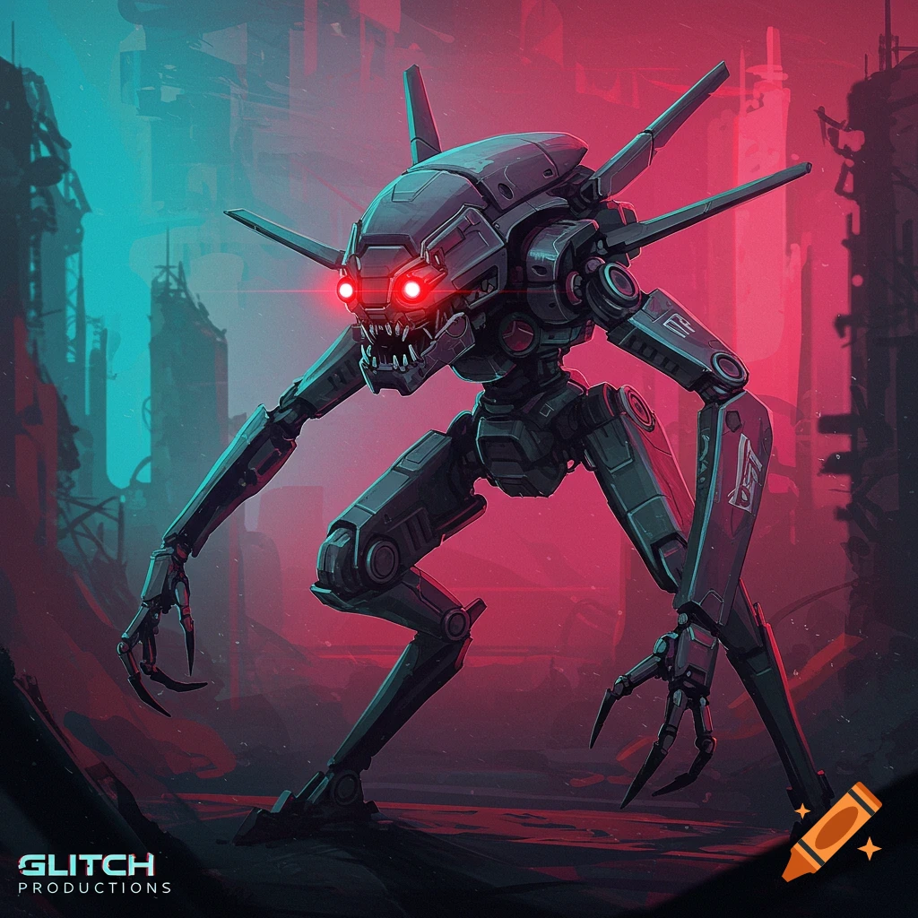 Menacing robot with red eyes stands in a ruined city, cyberpunk art ...