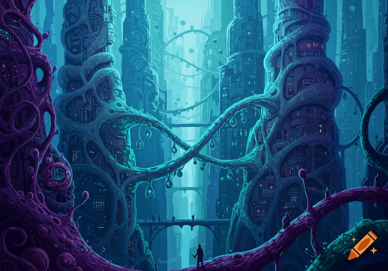 A stylized science fiction cityscape with tall, intricate buildings ...