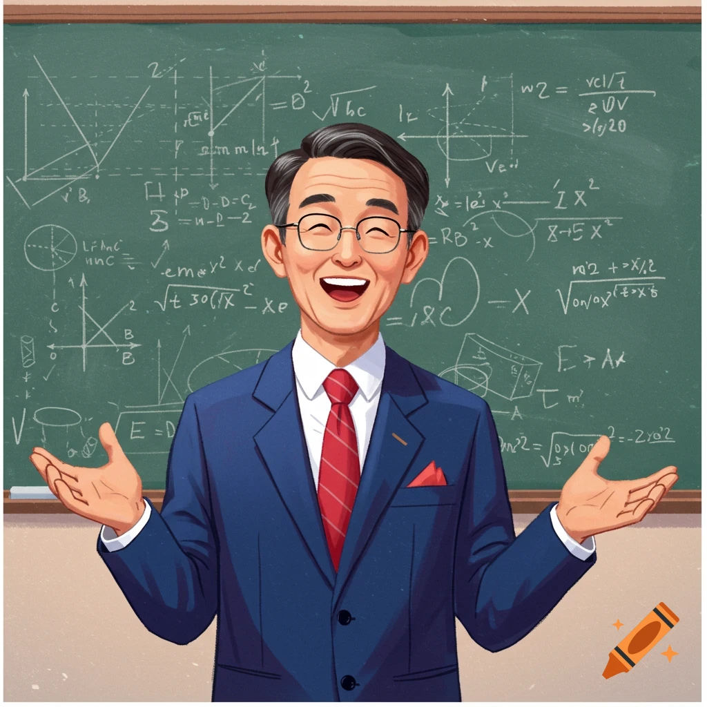 Smiling professor in suit and glasses stands in front of a blackboard ...