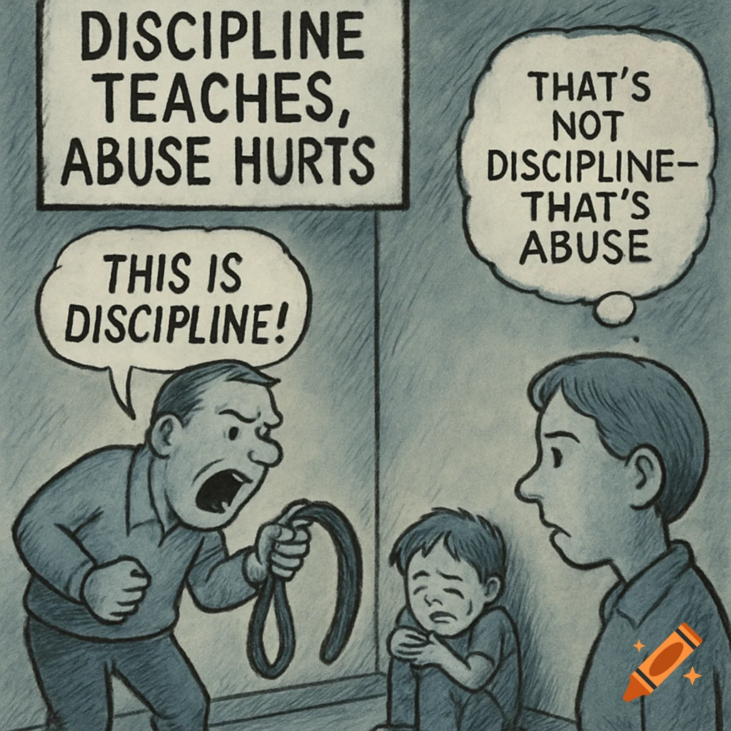 Cartoon shows parent with belt yelling at crying child, another adult ...