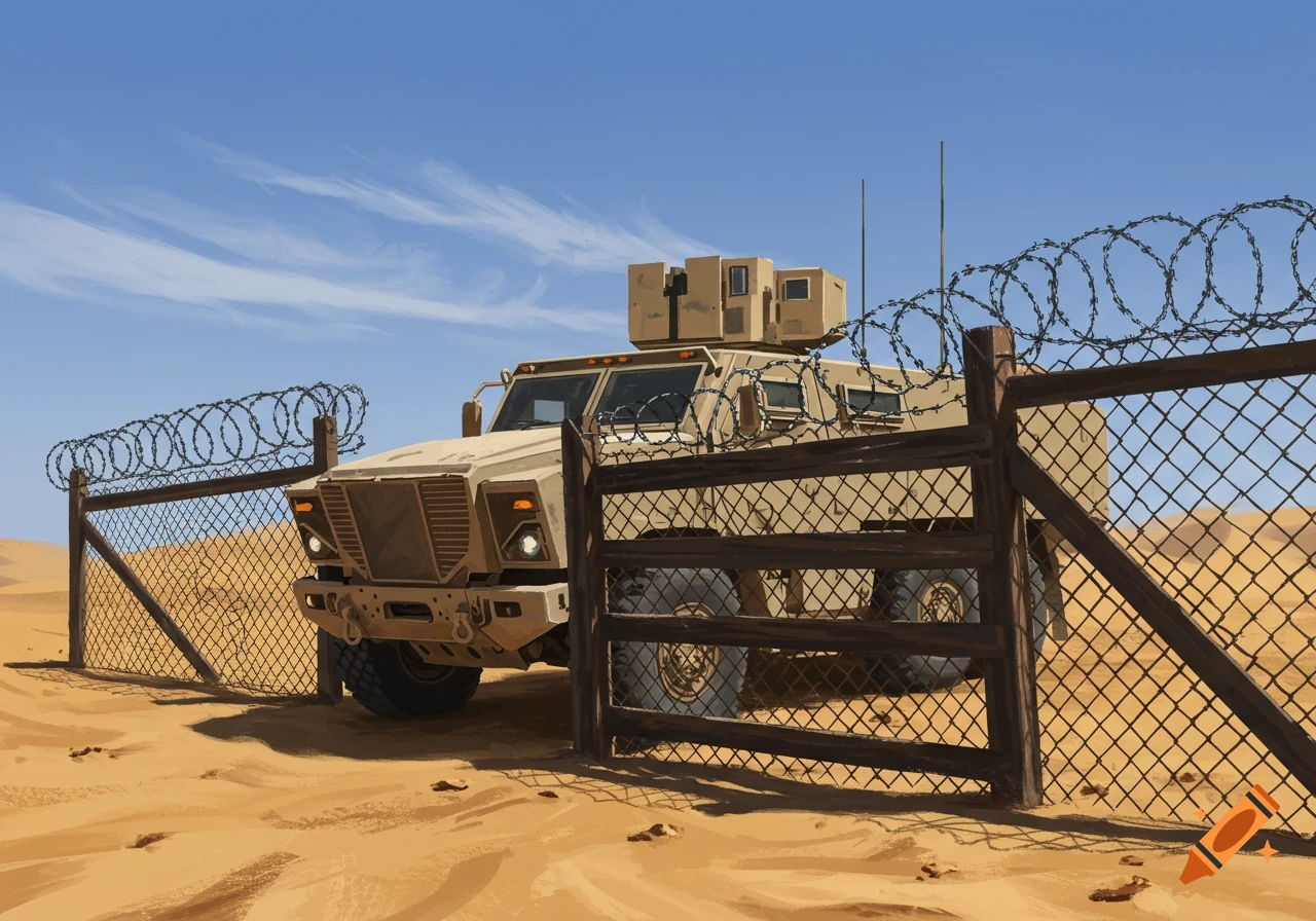 A beige military MRAP vehicle sits behind a chain-link fence topped ...