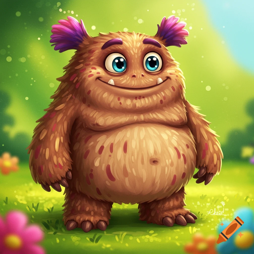 Cute fuzzy brown monster with big blue eyes and purple ears in a field ...