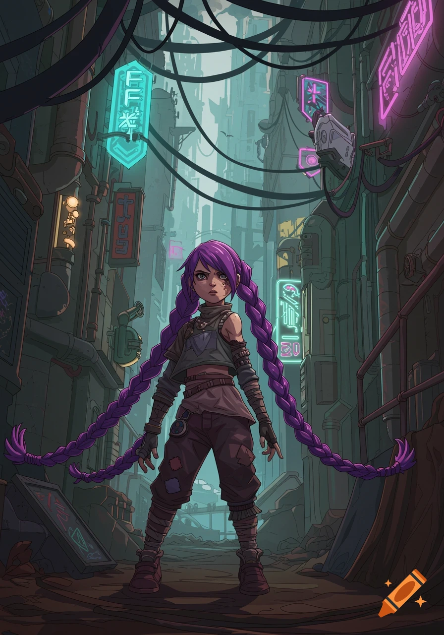 A girl with purple braids stands in a detailed cyberpunk city street ...