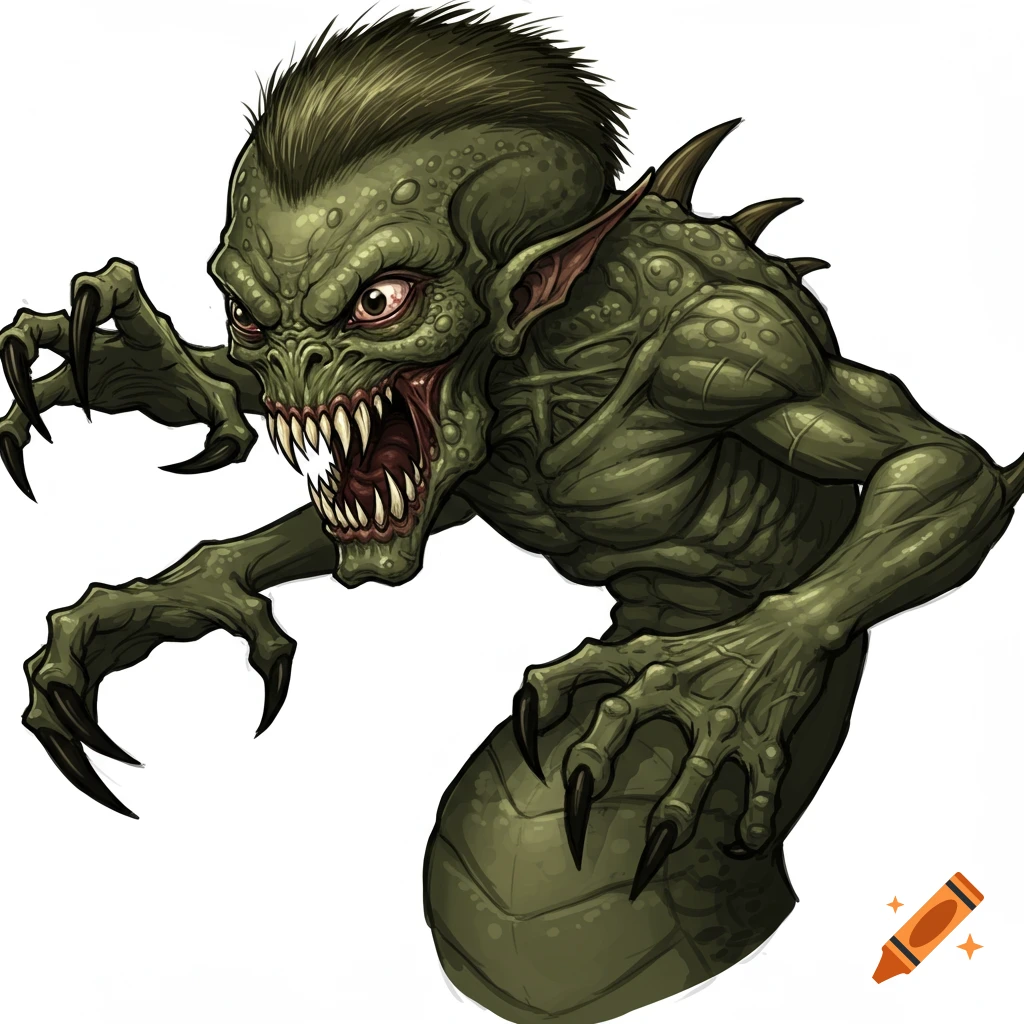 Green monster with sharp teeth and claws in a stylized illustration. on ...
