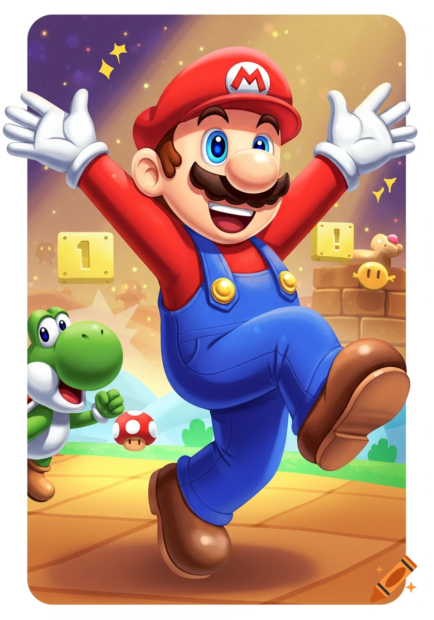 Mario and Yoshi jump excitedly in a Super Mario level. on Craiyon