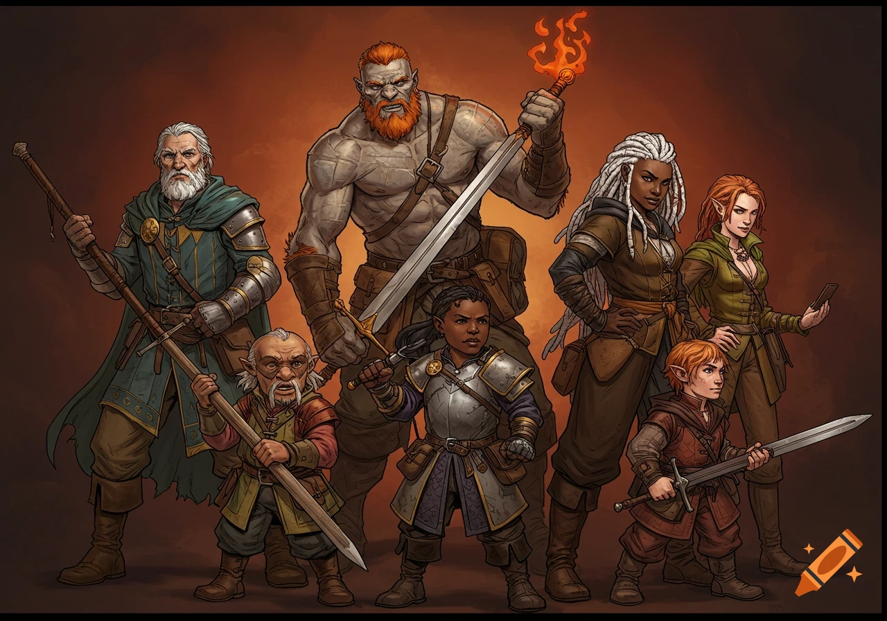 Illustration of a diverse group of fantasy adventurers standing ...