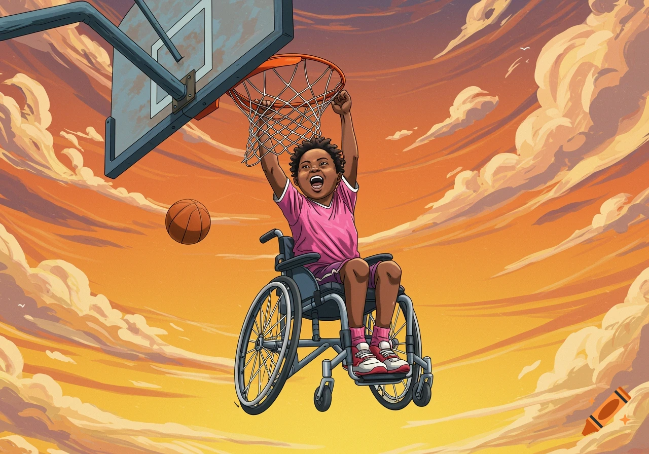 An illustration of a child in a wheelchair doing a basketball slam dunk ...