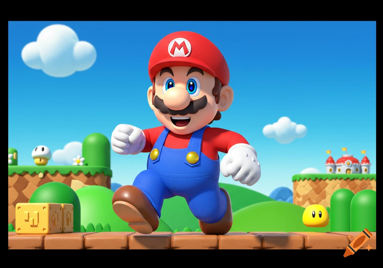 Super Mario character running in a bright, stylized 3D game environment ...