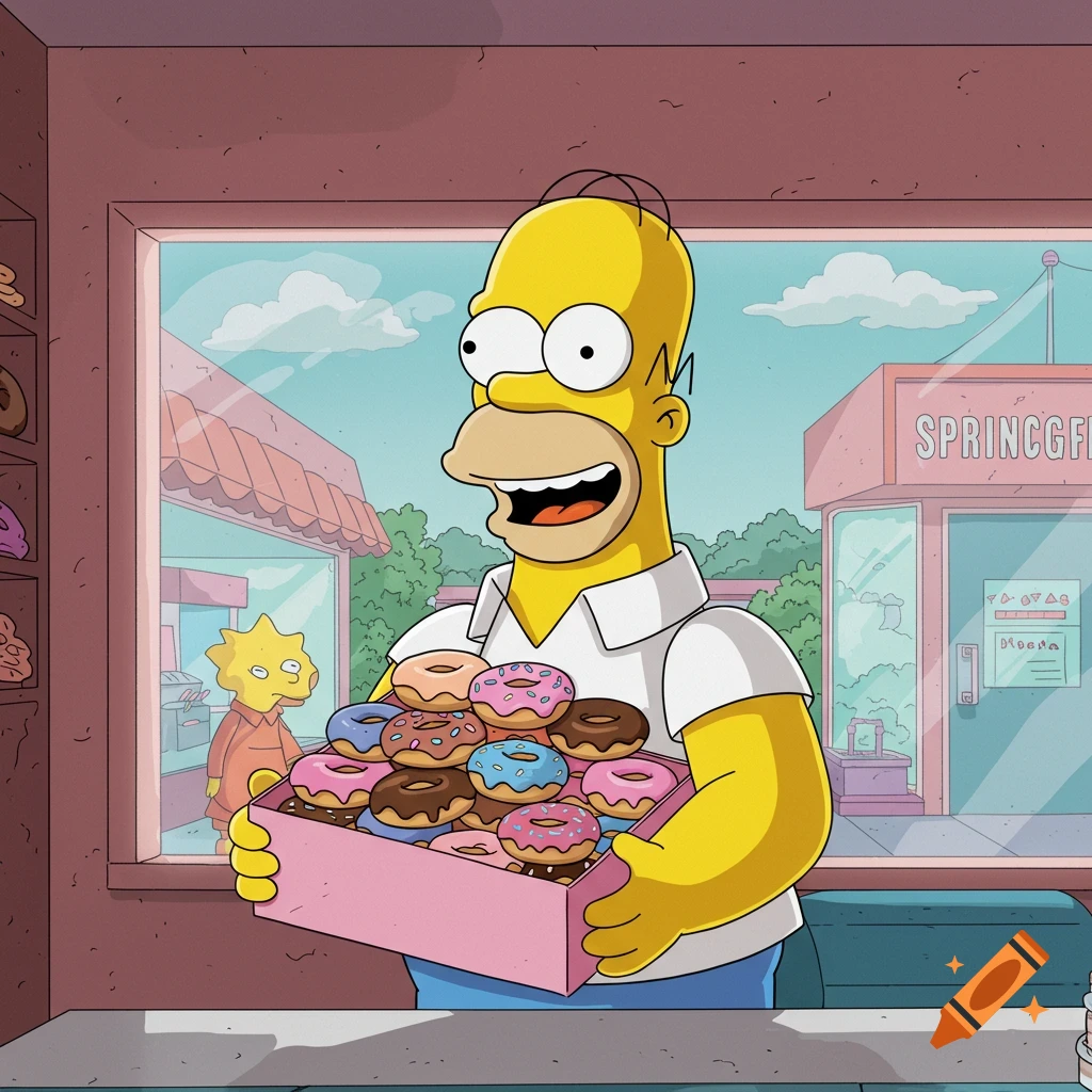 Homer Simpson smiles while holding a pink box overflowing with colorful ...