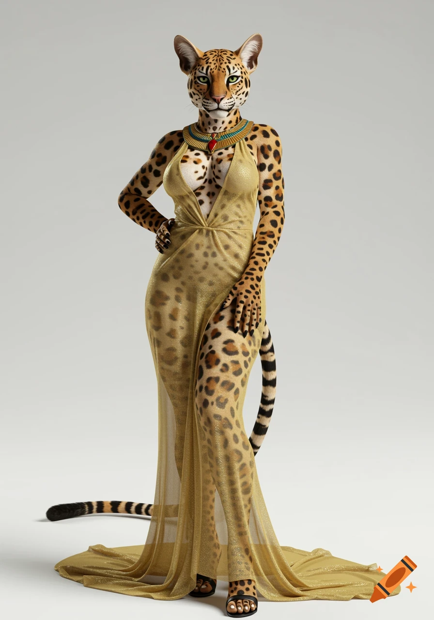 Full body portrait of an anthropomorphic feline woman in a shimmering ...
