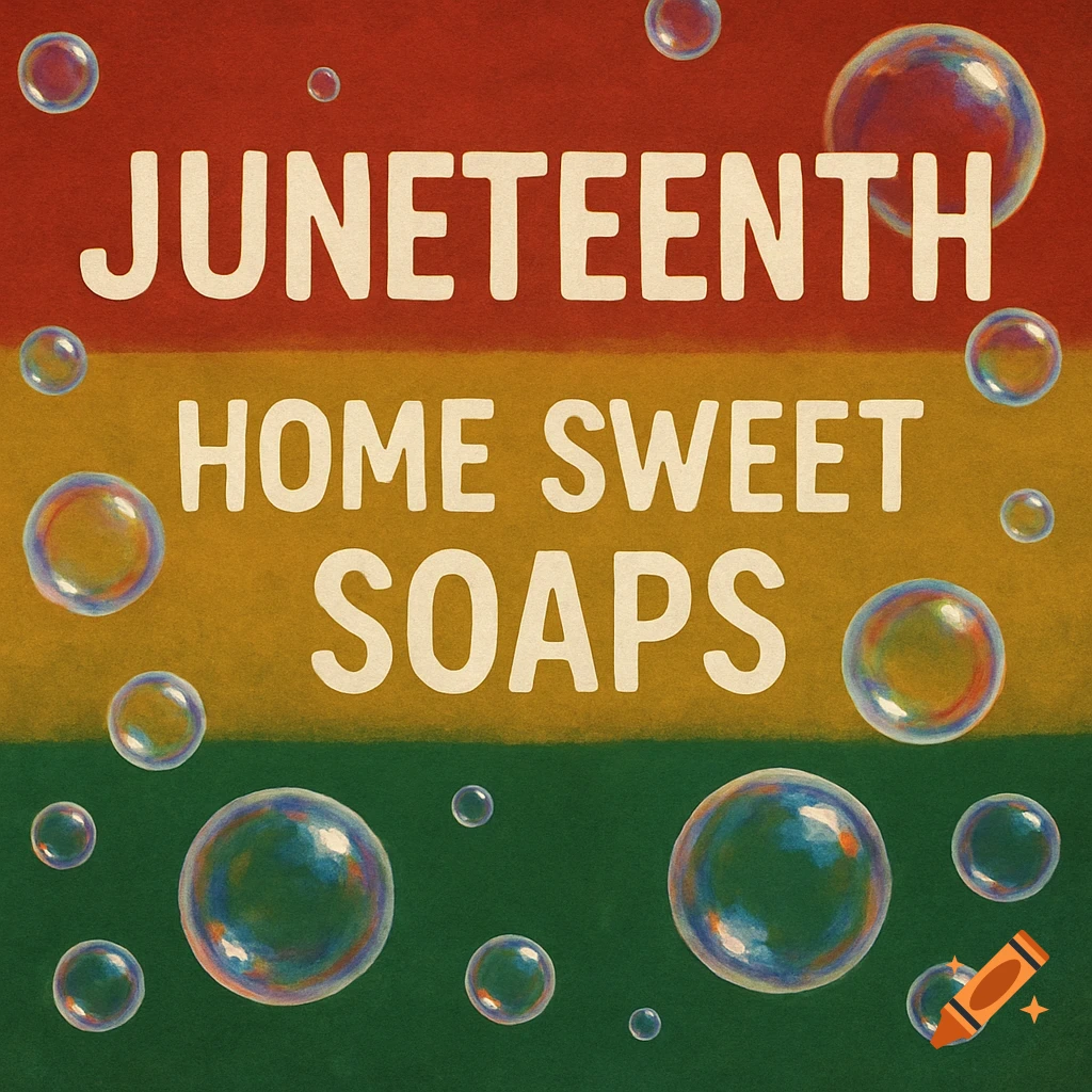 Text graphic reads 'JUNETEENTH HOME SWEET SOAPS' over a background of ...