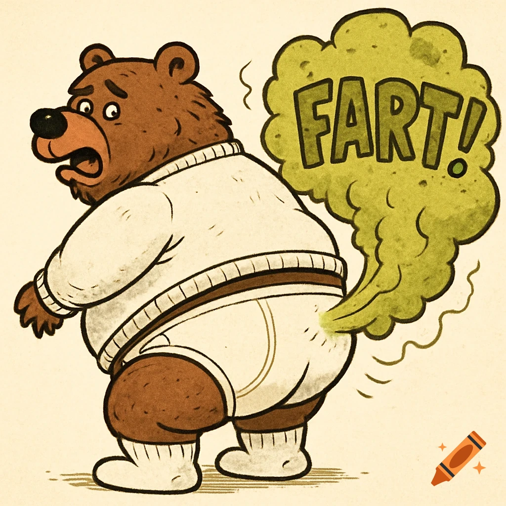 Cartoon of a bear wearing briefs and a sweater, farting green fumes ...
