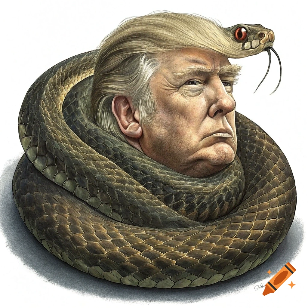 Illustration of Donald Trump's head wrapped in a large snake on Craiyon