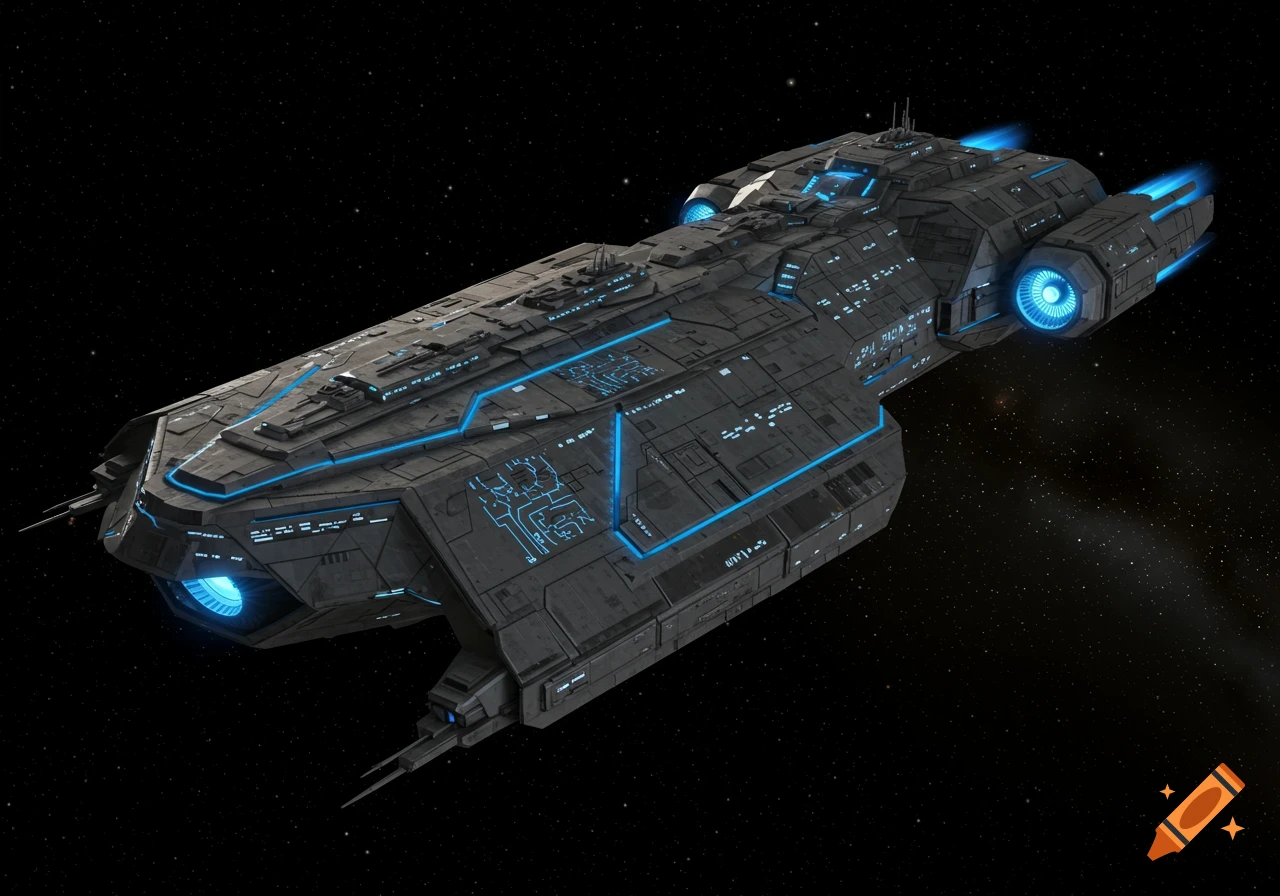 Dark grey spaceship with glowing blue lights and engine trails flies ...
