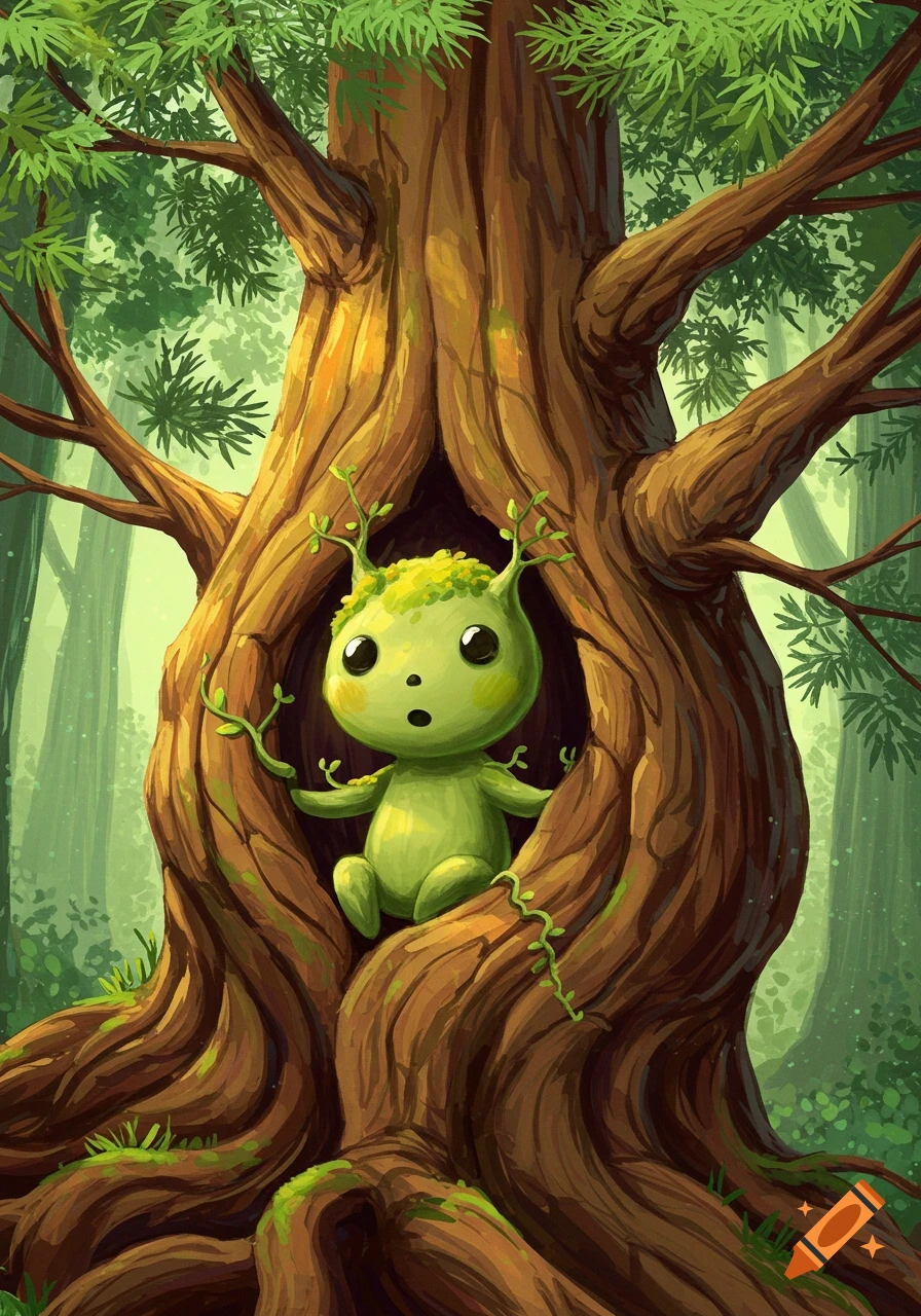 Illustration of a cute green creature with antlers sitting in a tree hollow in a forest. on Craiyon
