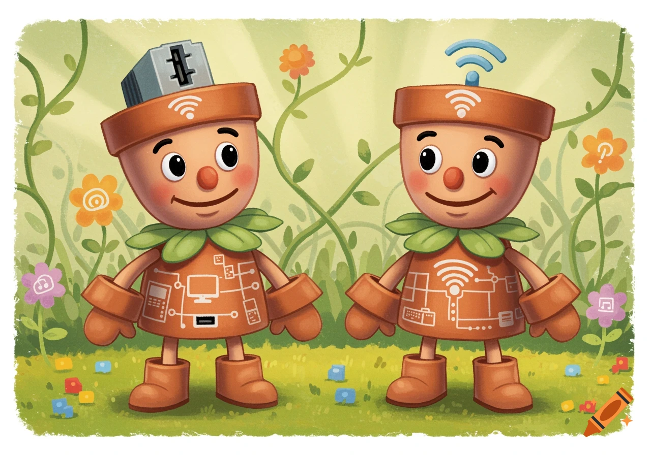 Two flower pot characters with tech symbols stand in a garden in a ...