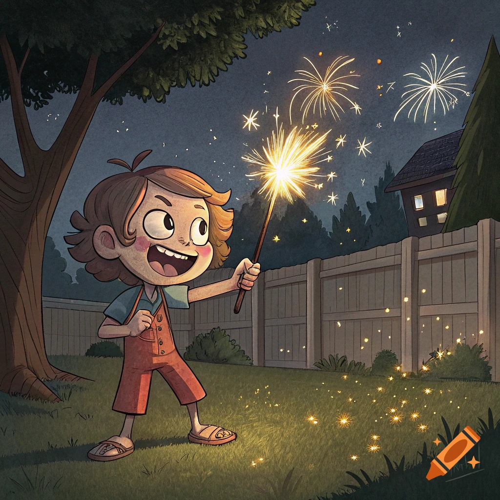 Cartoon illustration of a child holding a sparkler in a backyard at ...