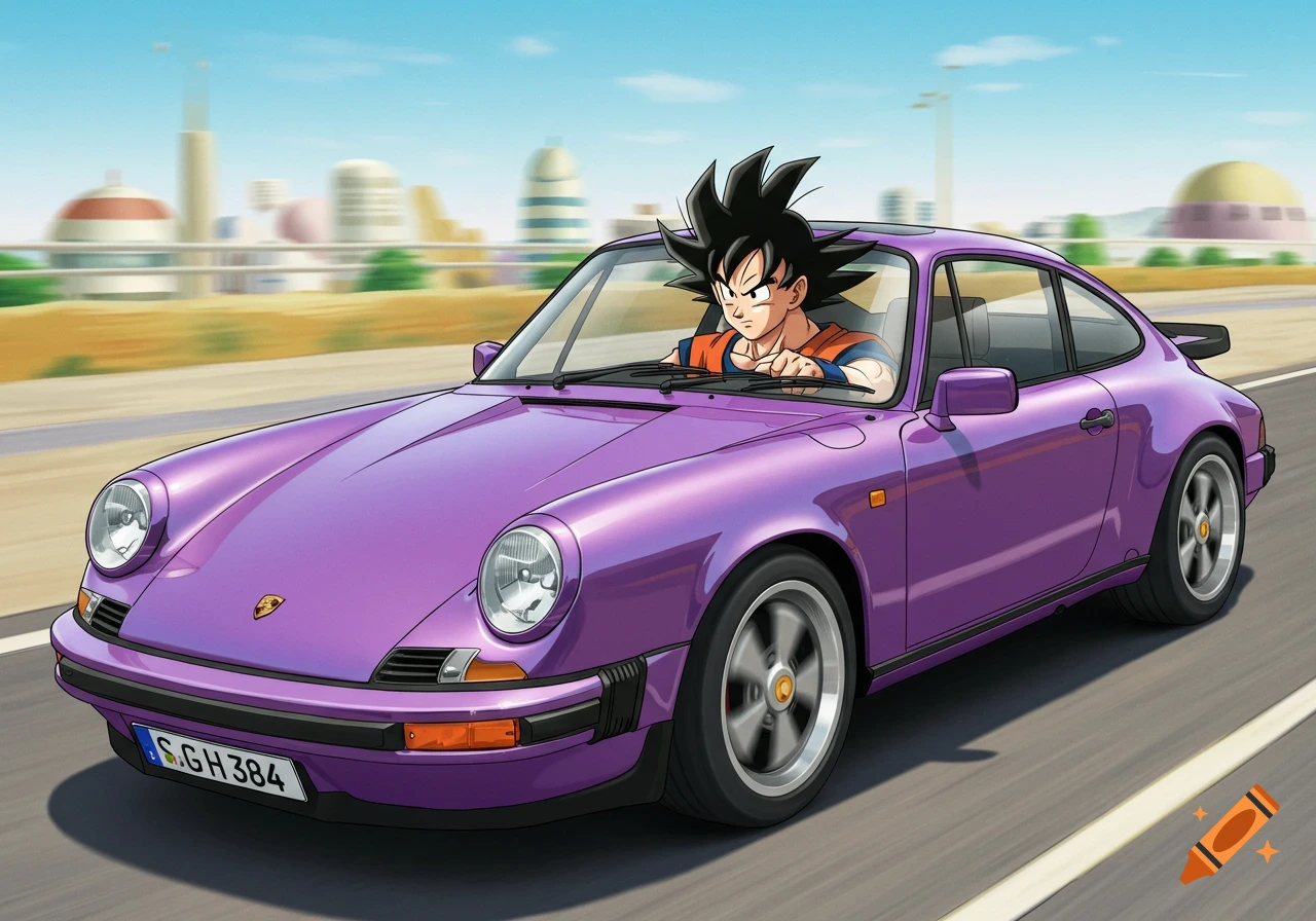 Goku from Dragon Ball Z drives a purple classic Porsche 911 on a road ...