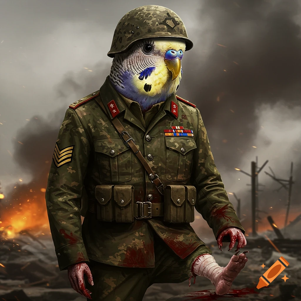 A budgie bird dressed in a camouflage military uniform, wounded, stands ...