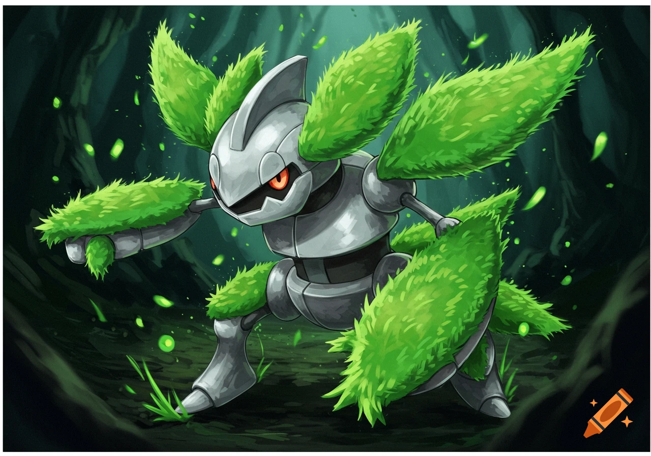 A steel and grass type creature, similar to a Pokemon, standing in a ...