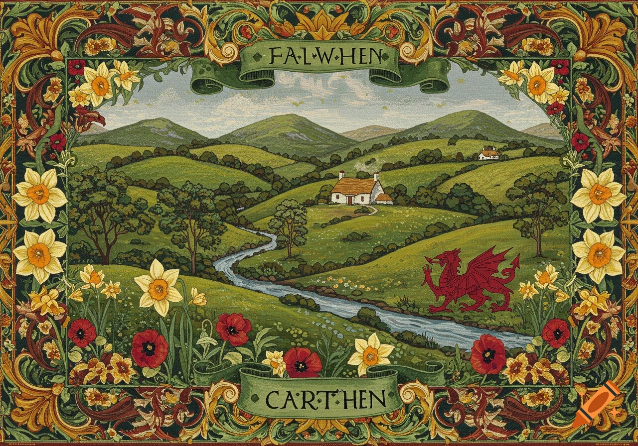 A tapestry depicts a Welsh landscape with a house, river, hills, red ...