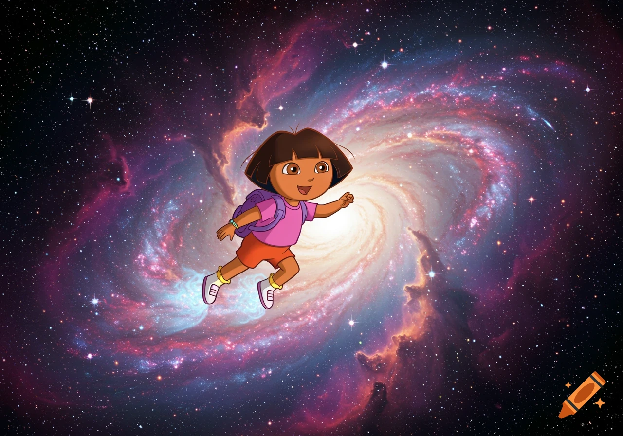 Dora the Explorer flies through a colorful spiral galaxy in space. on ...