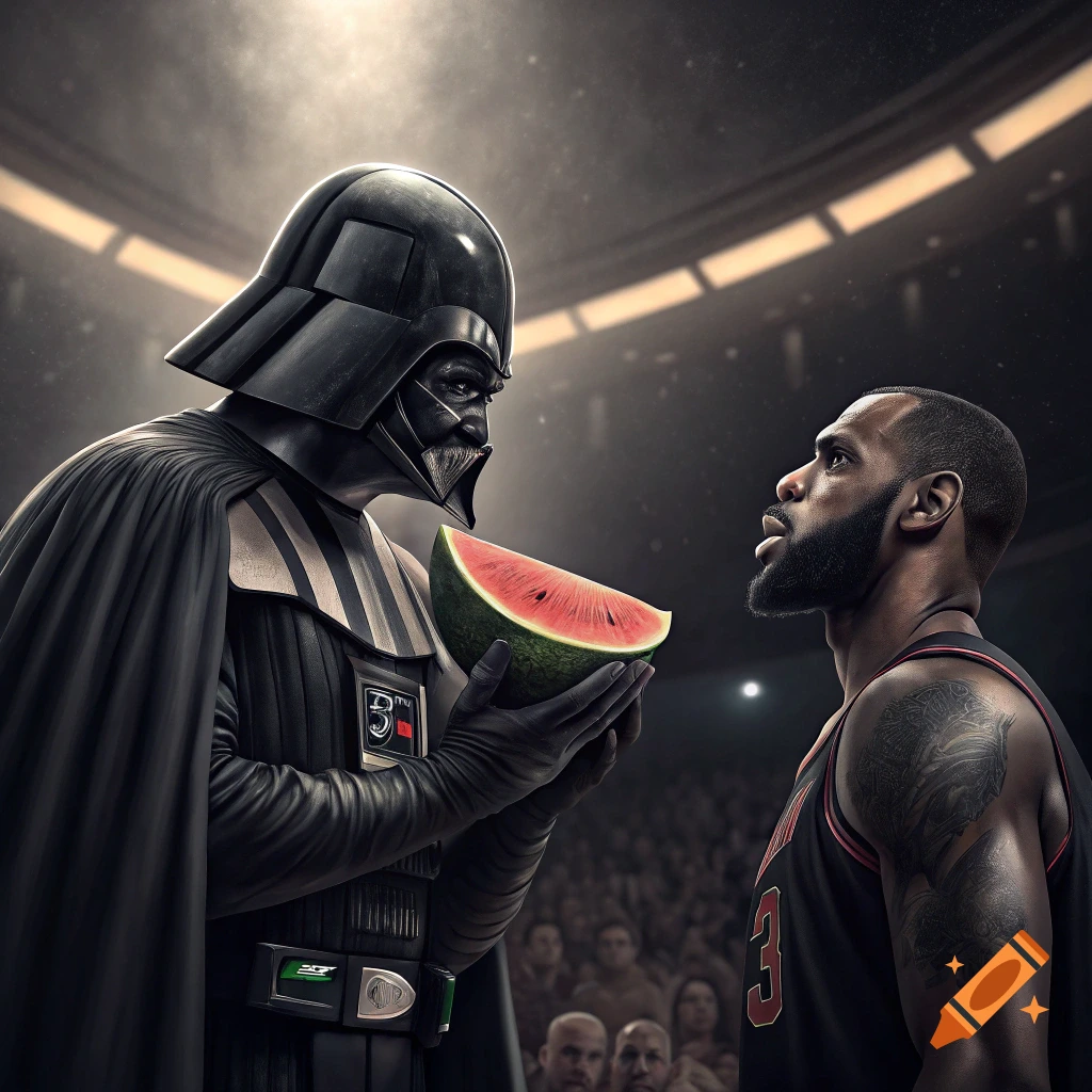 Darth Vader holds a watermelon slice towards LeBron James in a ...