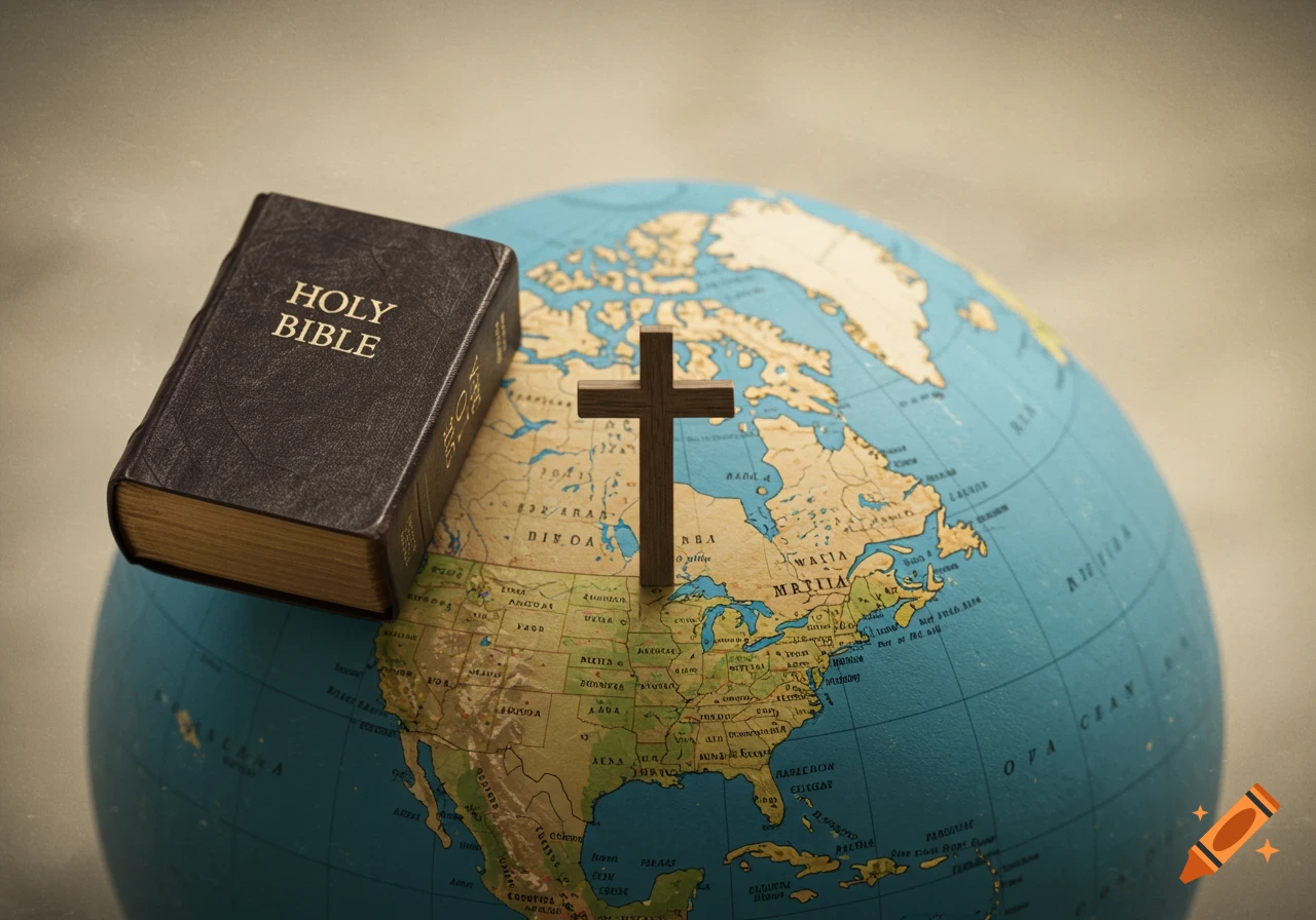 A bible and a cross sit on a globe showing North America. on Craiyon