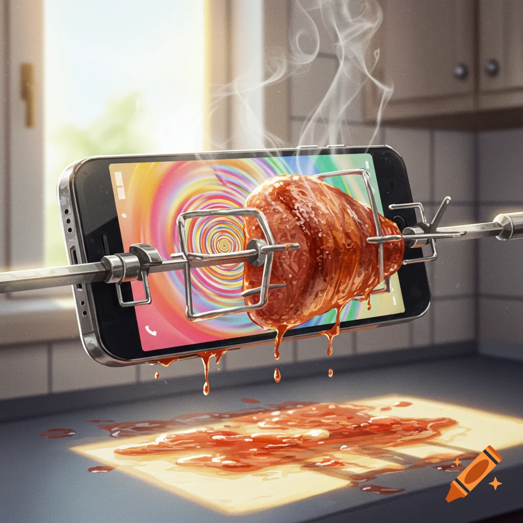 A surreal image of a mobile phone acting as a rotisserie cooking meat ...