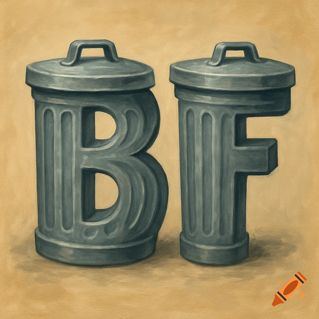 Letters B and F depicted as realistic trash cans in a painted style. on ...