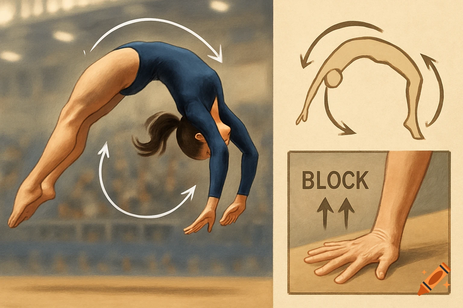 Illustration of a gymnast performing a backflip, with diagrams showing body position and a hand ...
