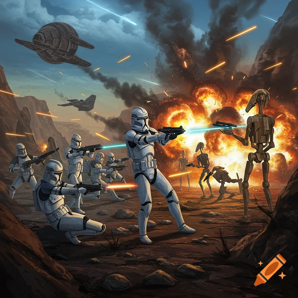 Clone troopers battle battle droids on a desert planet with explosions and spaceships on Craiyon