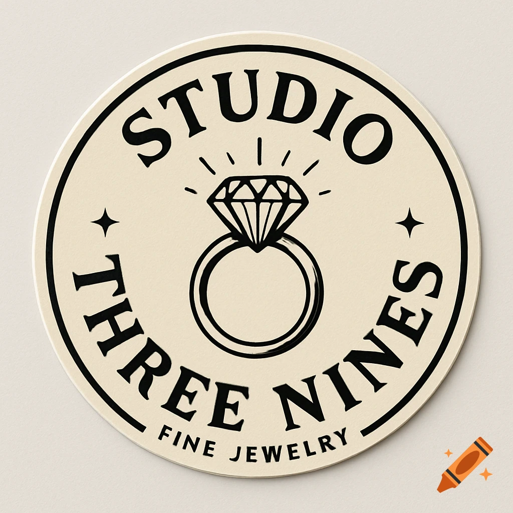 Circular sticker logo with a diamond ring icon and text STUDIO THREE ...