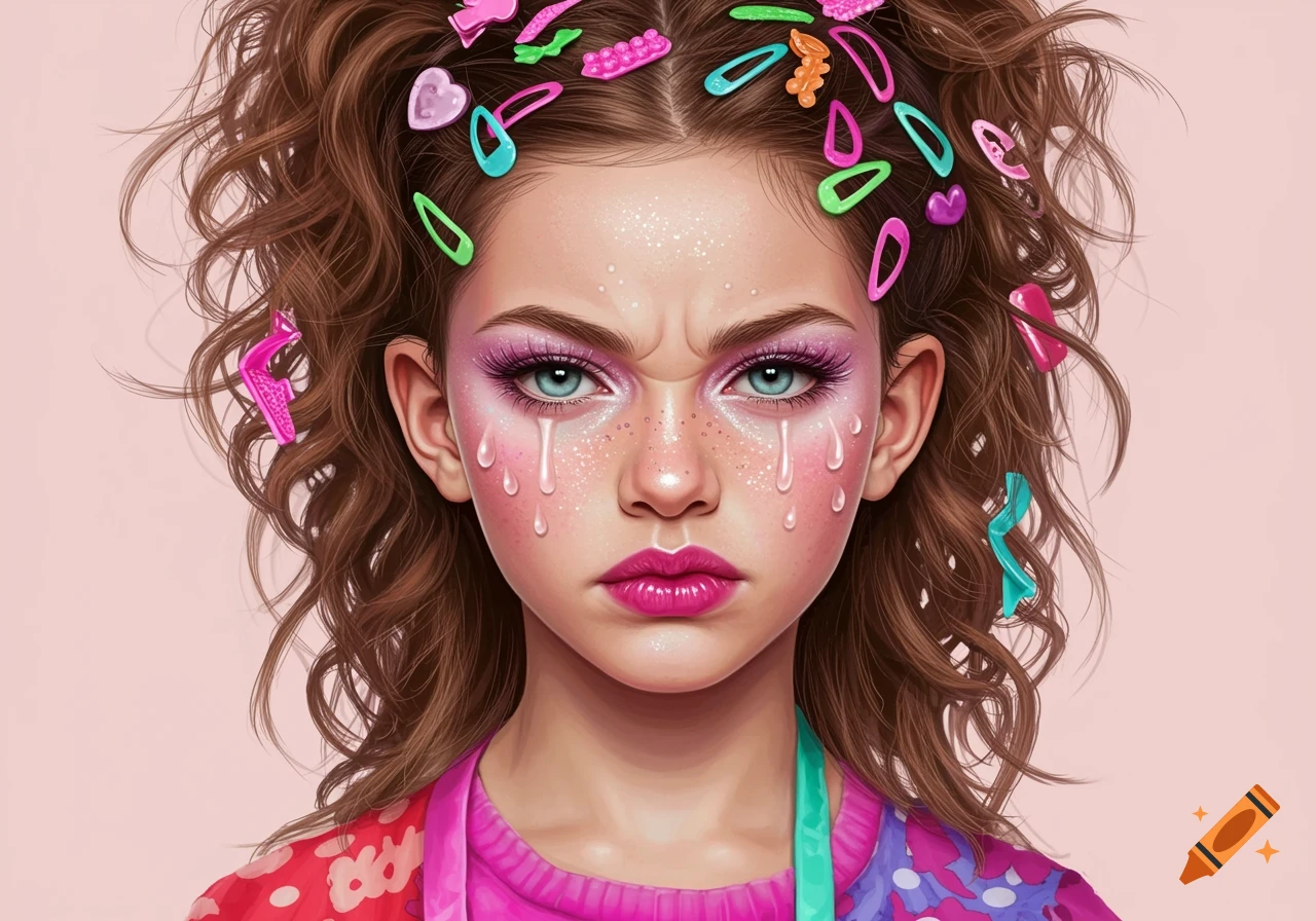 Close-up digital painting portrait of a crying girl with heavy makeup ...