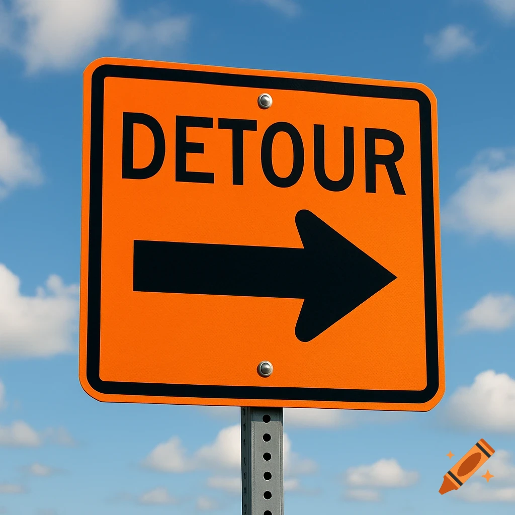 An orange and black detour sign with a right arrow against a blue sky ...