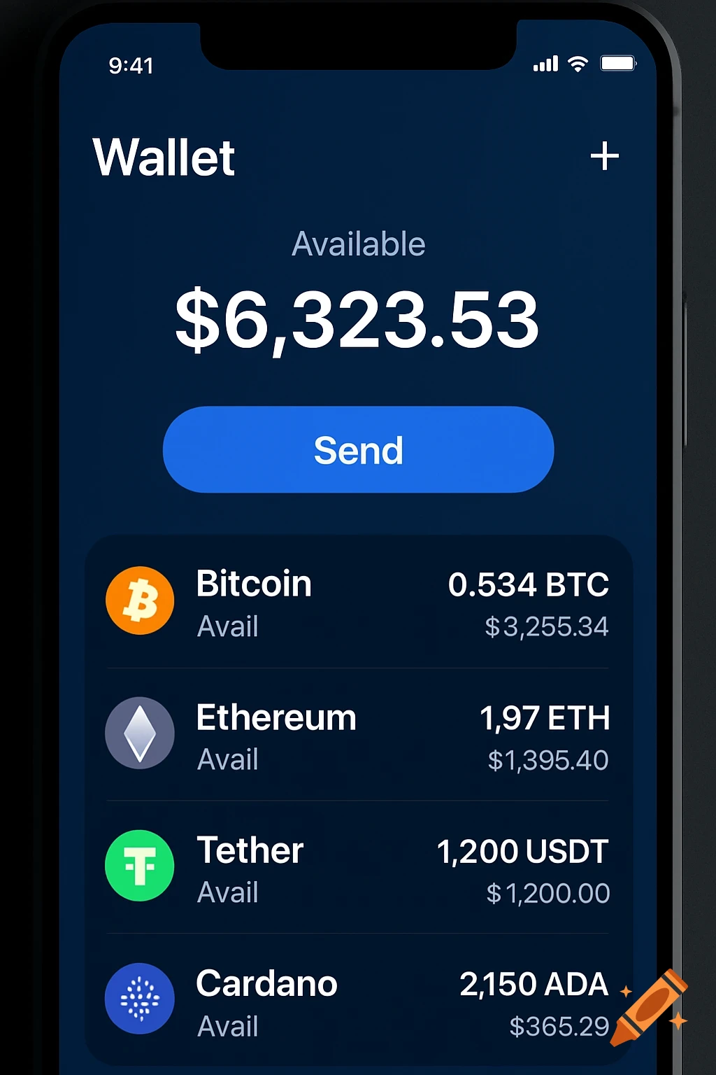 Screenshot of a mobile crypto wallet app showing a balance of $6,323.53 ...