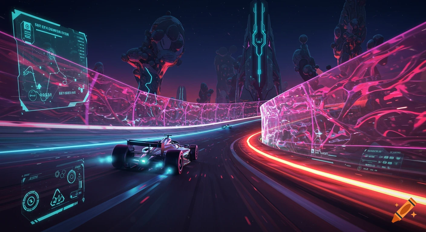 A futuristic F1 car races on a neon-lit track with glowing barriers and ...